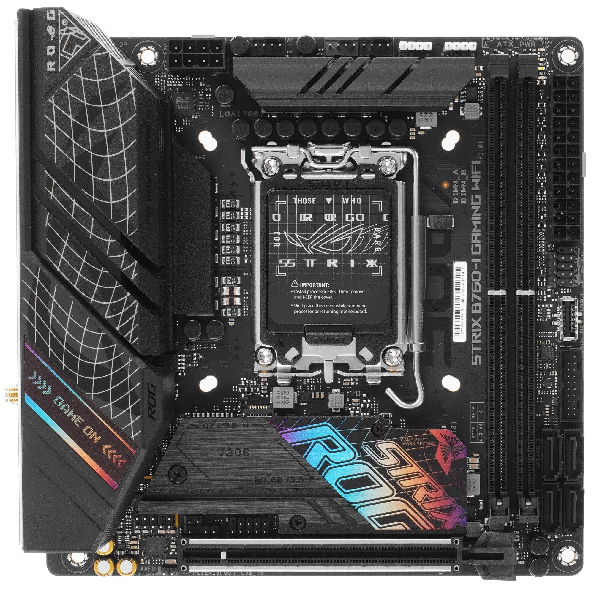 Материнская плата ASUS ROG STRIX B760-I GAMING WIFI (Socket 1700, mini ITX, 2xDDR5(96GB), DP/HDMI, 1xPCIe 5.0x16, 1xLAN (2.5GbE), Wi-Fi, 4xSATA 6Gb/s, 2xM.2, 2xType-C, 3xUSB 3.2, 3xUSB 2.0)