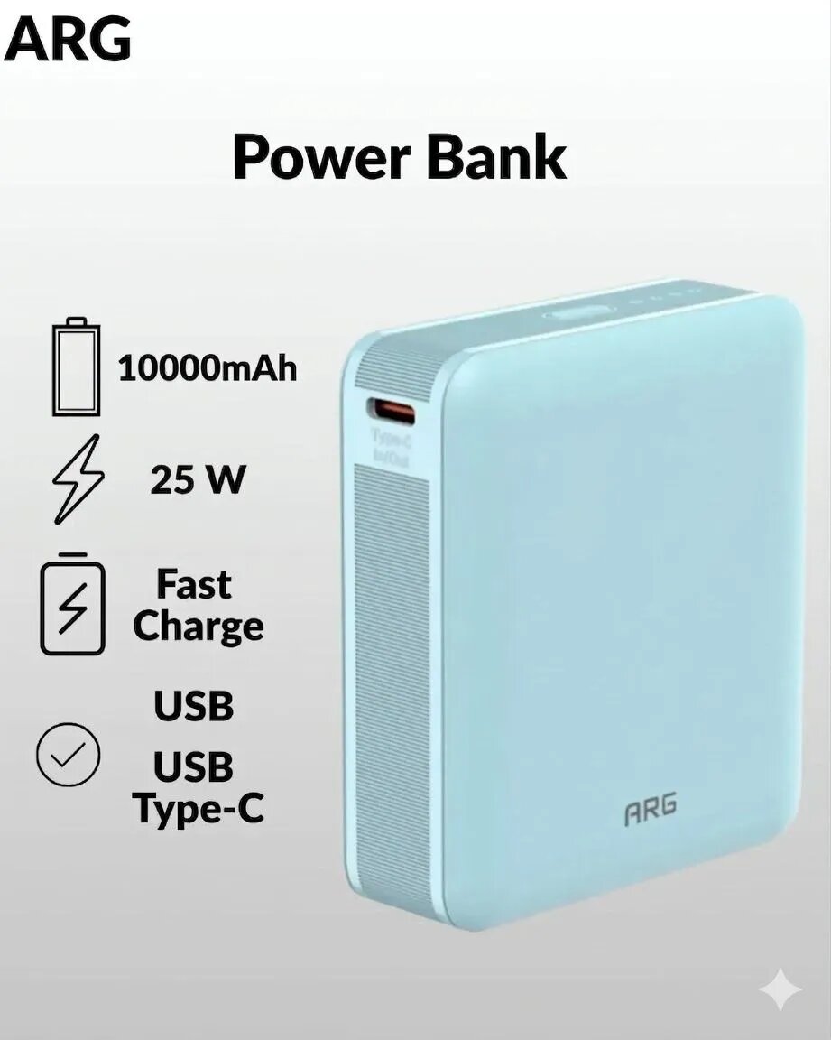 Портативный аккумулятор ARG ARG10000TC10, синий, быстрая зарядка, индикатор заряда