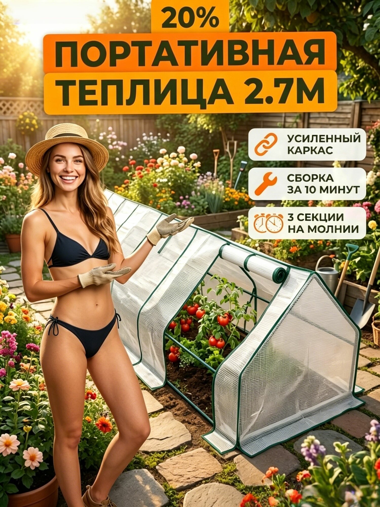 Парник, теплица домиком 019d6aa1658d7bddb49347981fdcad12 2.7х0.9х0.9м, Софт