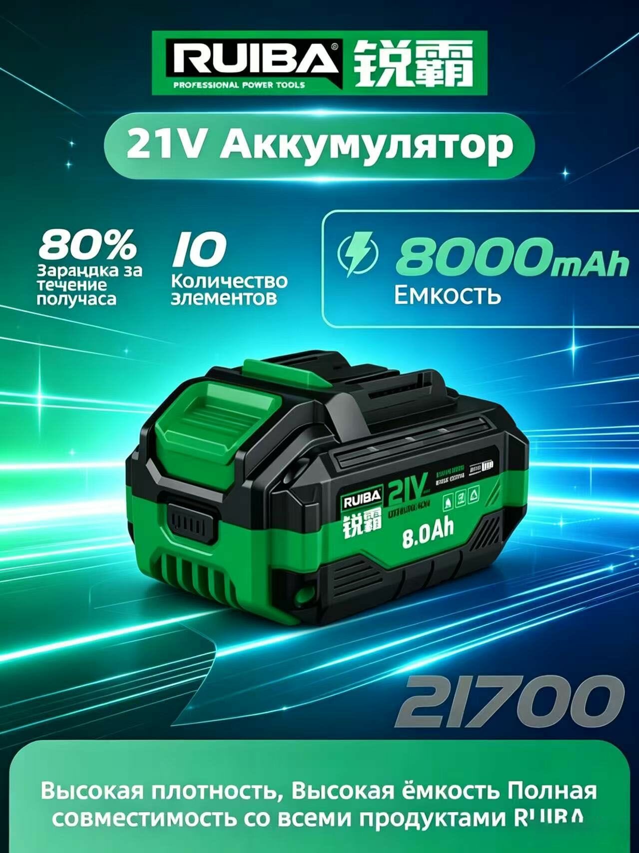 Новый полноячеечный аккумулятор RUIBA 21700 21V 8.0Ач: Анти-морозный, с интеллектуальной защитой, высокая мощность и долгий срок службы ,1 шт