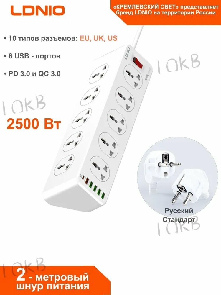 Удлинитель сетевой фильтр 2м, 10 розеток + 6 USB, 2500Вт, PD3.0/QC3.0 быстрая зарядка, европейский разъем, всемирно совместимый, детская безопасность, трапецеидный дизайн