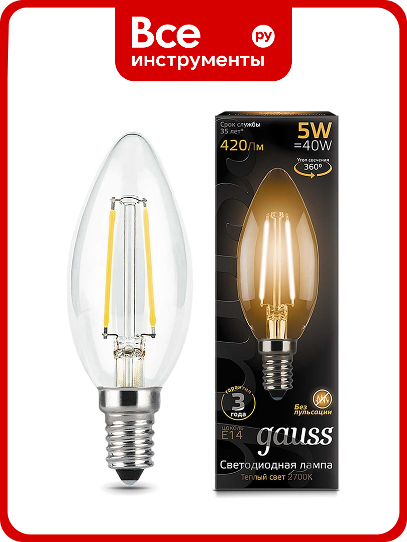 Лампа Gauss LED Filament Candle E14 5W 2700К SQ 103801105