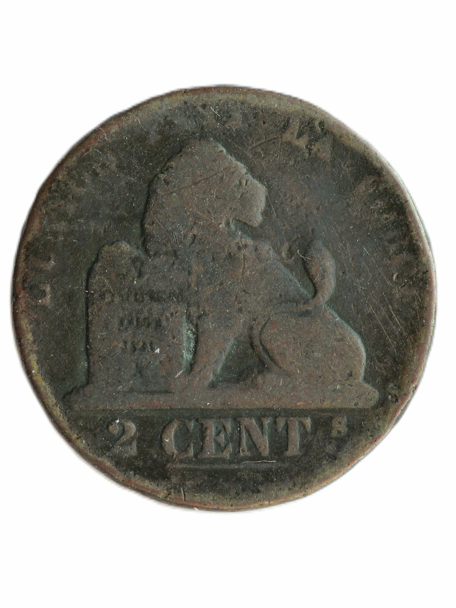 Подлинная монета Бельгии 2 сантима 1869 года