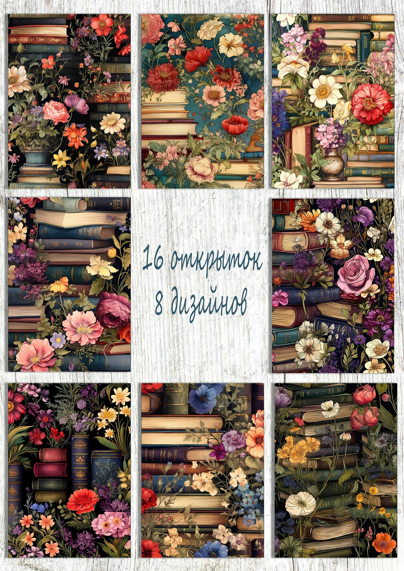 Открытки Книги, библиотека, 16 штук