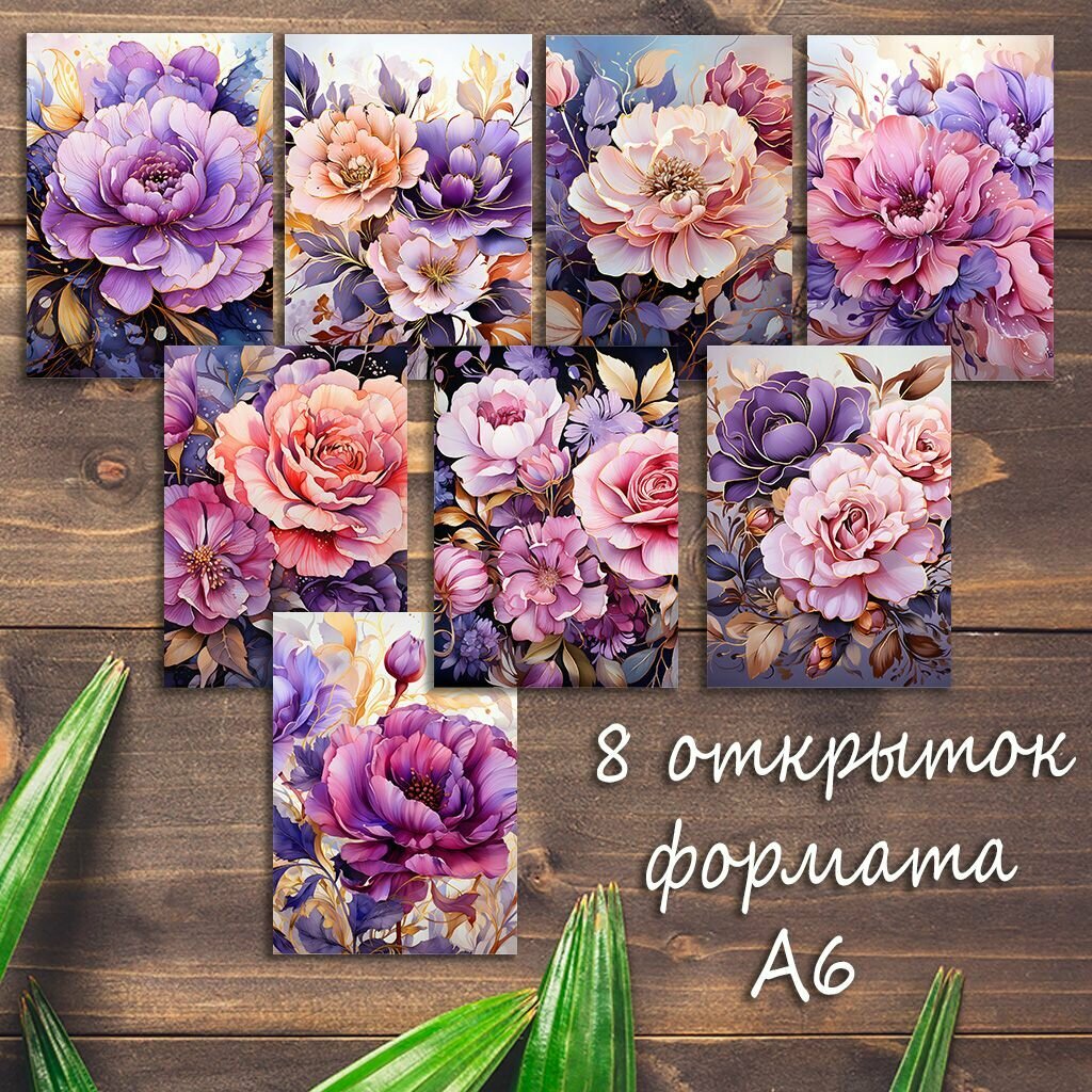 Большой набор открыток Цветы, 8 штук
