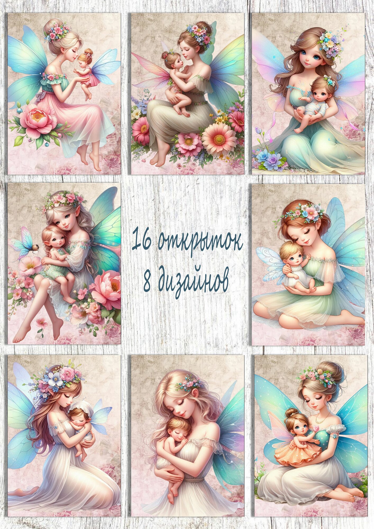Открытки феи, мама и дочка, 16 штук