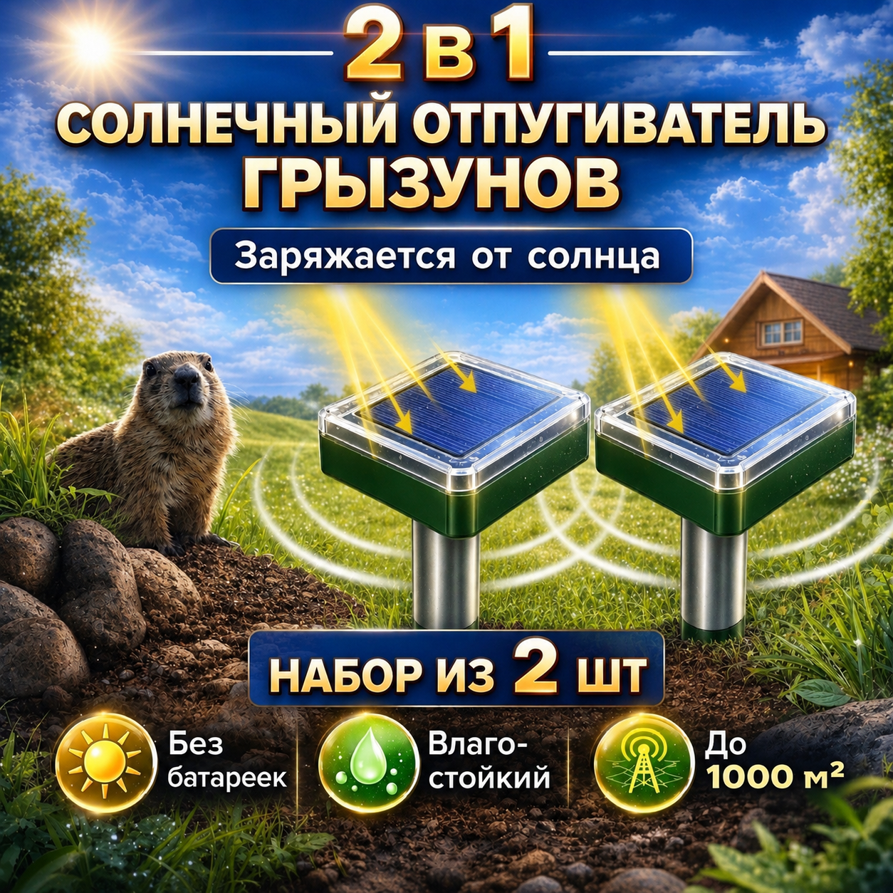 Ультразвуковой отпугиватель для грызунов, 2 шт, на солнечной батарее