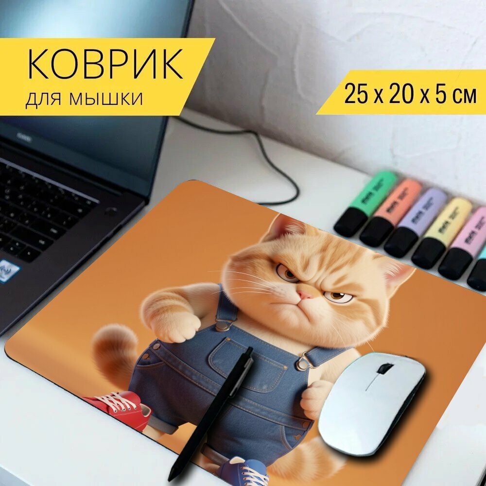Коврик для мыши с принтом "Сердитый кот в комбинезоне. Мультяшный пушистый рыжий питомец в джинсовом полукомбинезоне и разноцветных кедах, на оранжевом фоне. Яркий." 25x20см.
