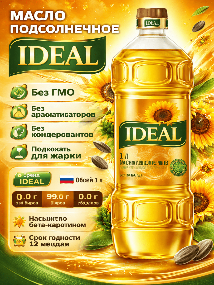 Масло подсолнечное Ideal рафинированное дезодорированное, 1л