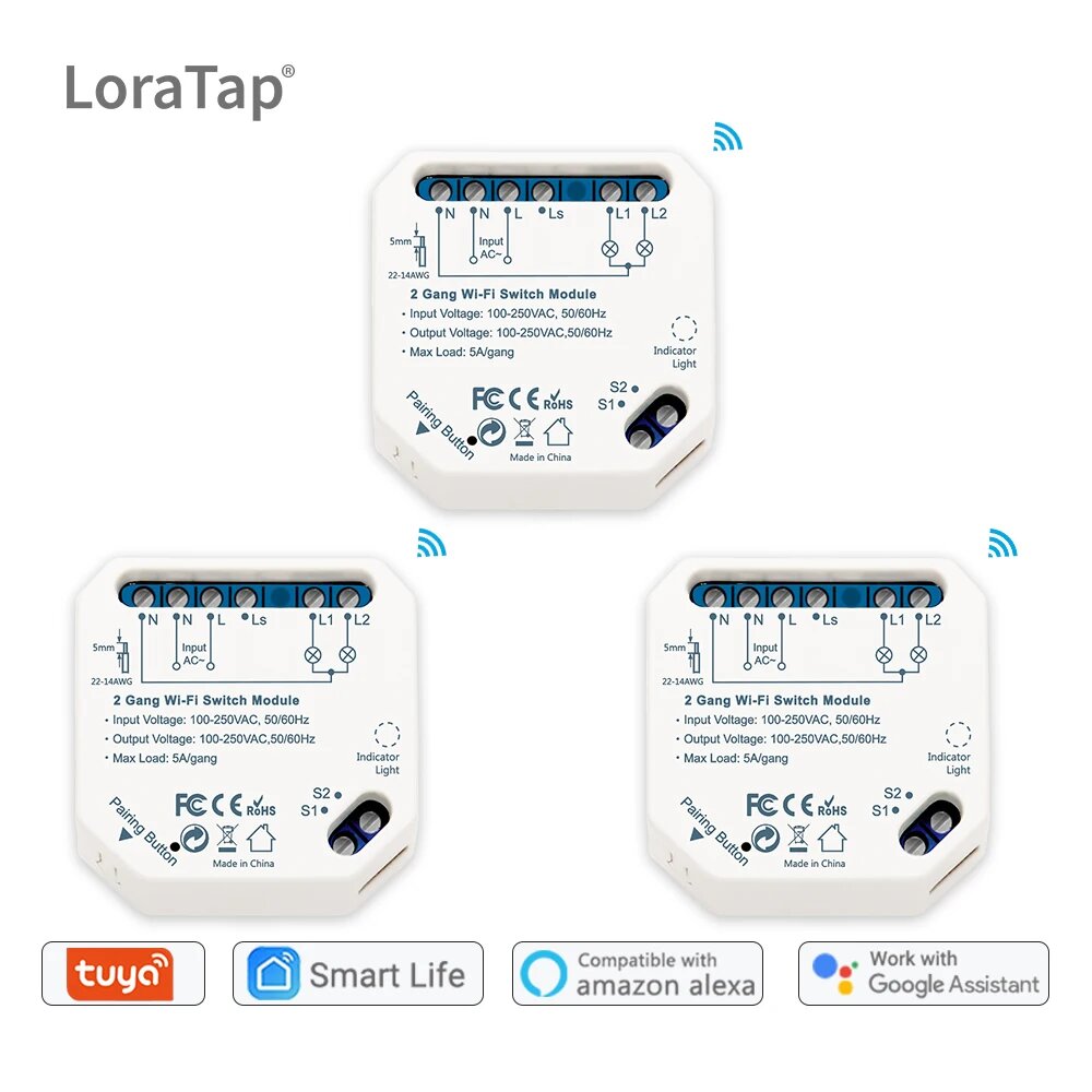 LoraTap 2 Gang Wi-Fi Switch Module, 3pcs