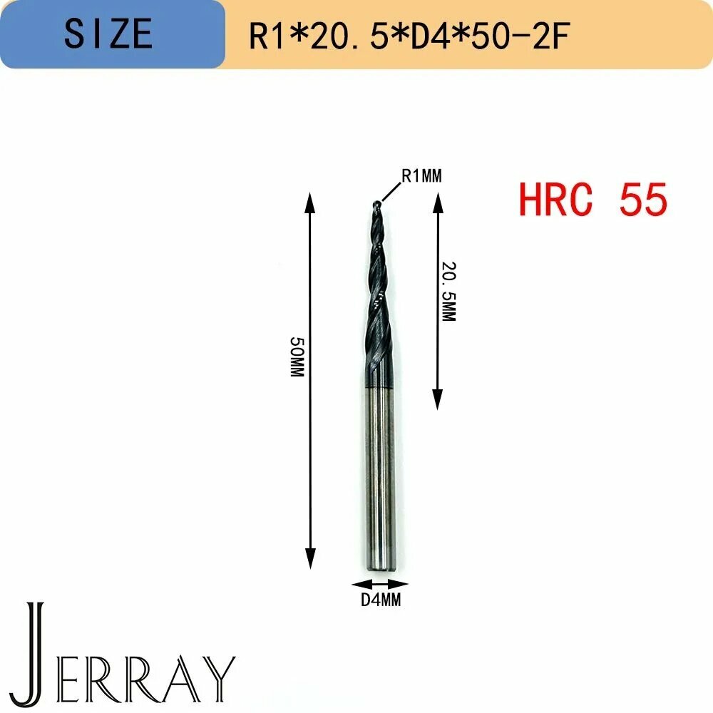 D4x20.5x50L-R1.0 D4мм Фреза спиральная конусная сферическая твердосплавная HRC 55 для 2D и 3D обработки на ЧПУ Диаметр хвостовика 4мм радиус 0.25/0.5/0.75/1.0мм Длина реза15мм/20.5 мм Общая длина 50мм