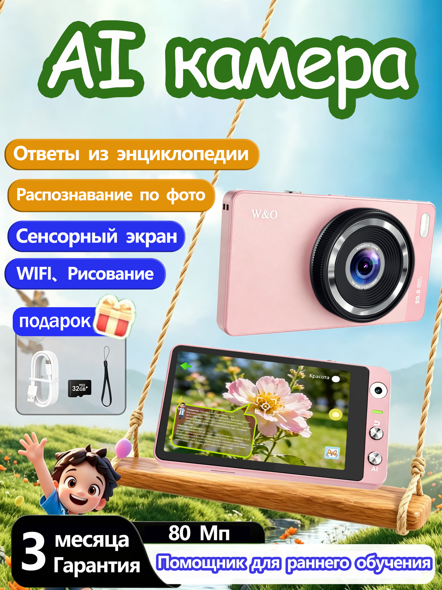 Цифровая фотокамера, съёмка и распознавание изображений, рисование, помощник для развития детей, розовый