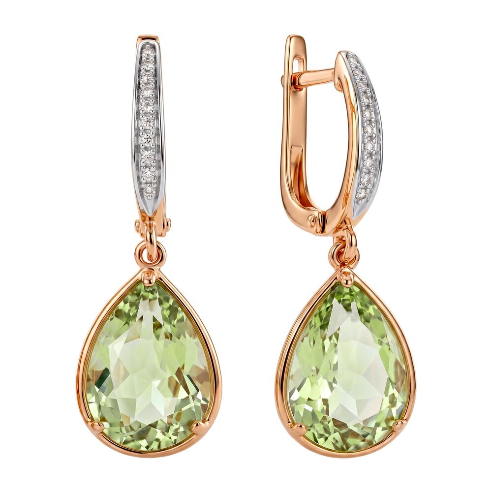 Серьги, красное золото, 585 проба, родирование, фианит, празиолит