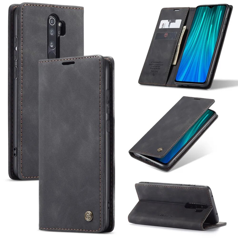 Кожаный чехол для Xiaomi Redmi Note 8 Pro с магнитным замком/ флип-книжка с подставкой/ пластиковый чехол для карт и денег, черный, Черный