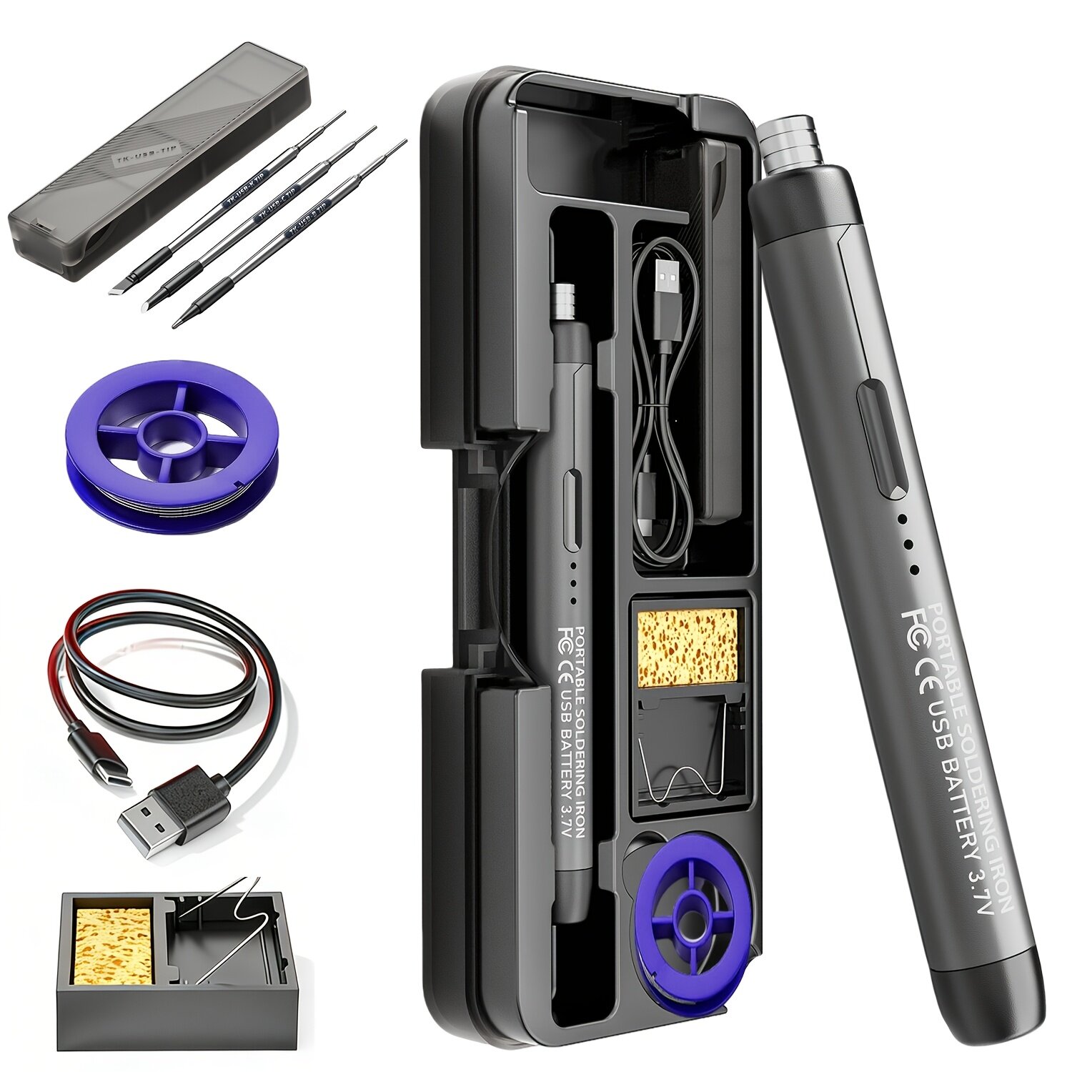 USB паяльник с литиевой батареей, низкотемпературный, быстрая зарядка, серый, 3 нагревательных сердечника в комплекте