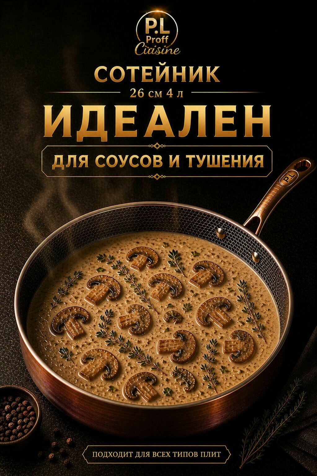 Сотейник антипригарный P.L. Proff Cuisine 26 см, 4 л, с крышкой, TRI-PLY, Honeycombs, нержавеющая сталь, для индукции, профессиональный