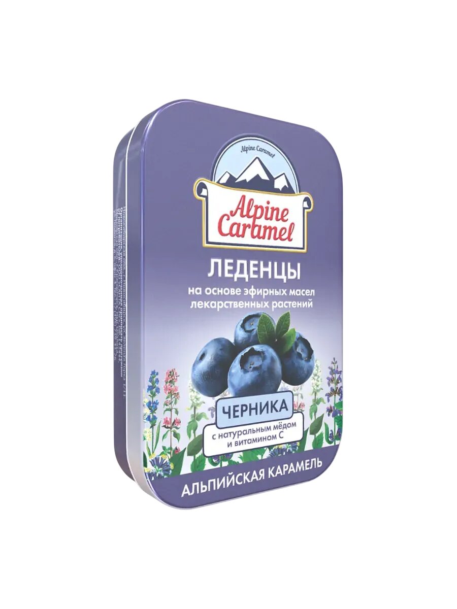 Альпийская Карамель / Alpine Caramel Леденцы детские с натуральным медом и вит С со вкусом Черники массой 3,3 г мини-бокс 53 г 1 шт