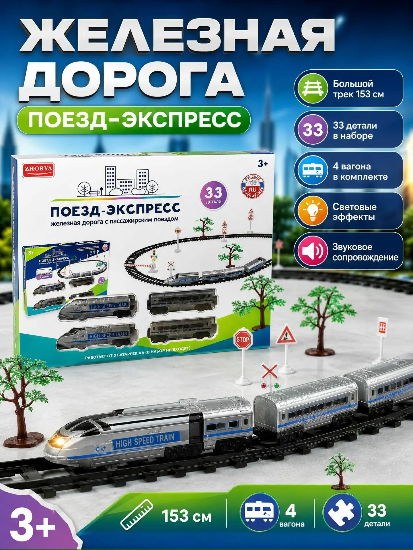 Детская железная дорога Поезд-экспресс Пассажирский поезд для детей со светом и звуком