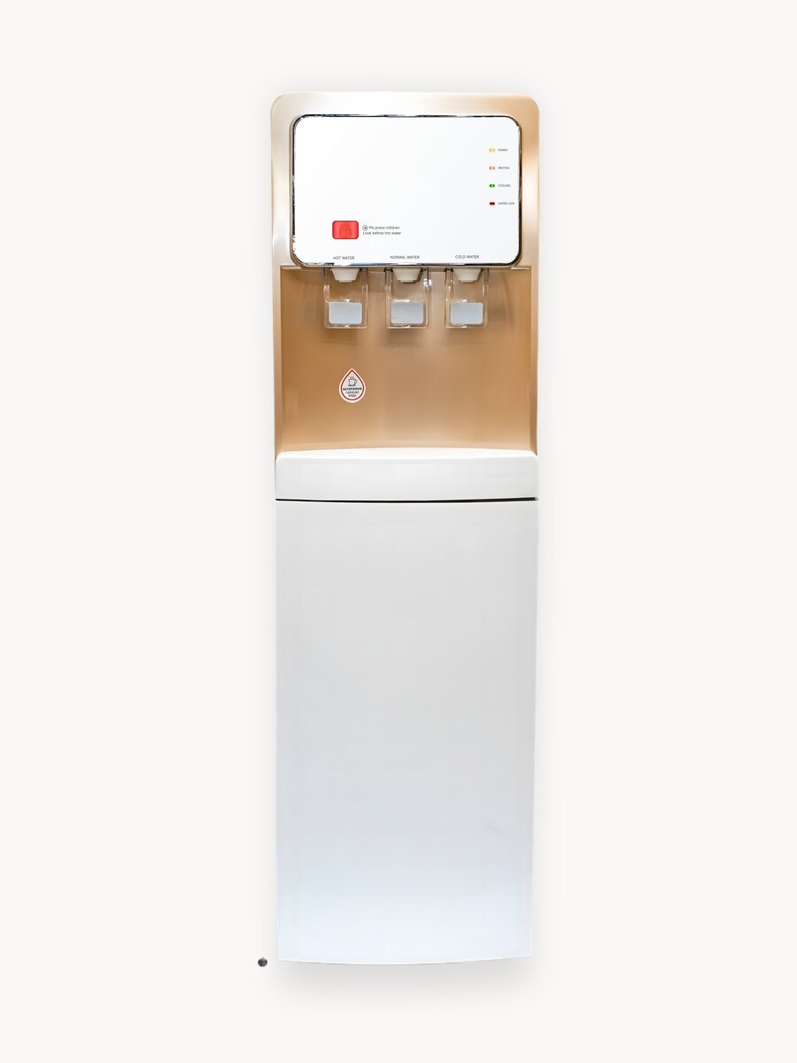 Кулер для воды Greendex Gold White, золотистый, с нагревом и охлаждением, напольный с нижней загрузкой воды