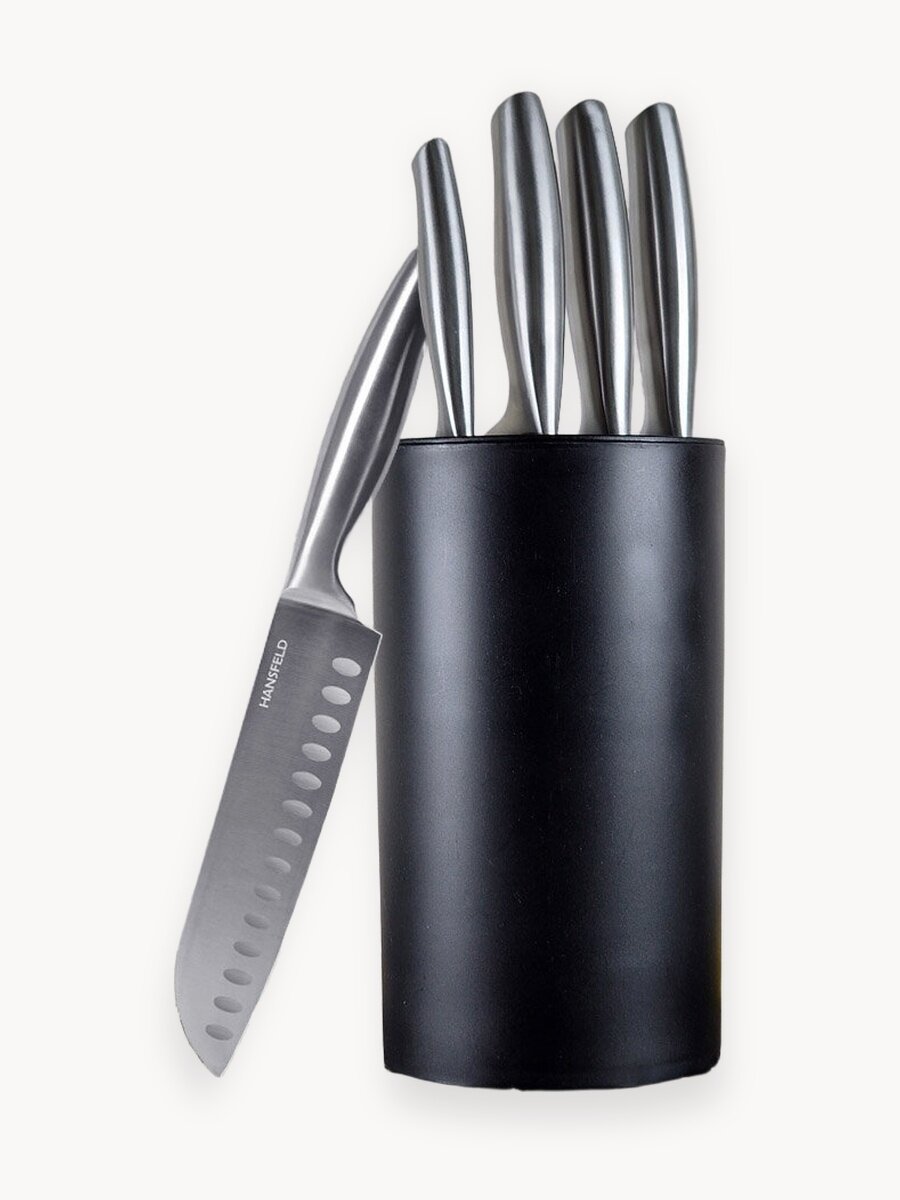Набор из 5 кухонных ножей с подставкой(овощной, универсальный, разделочный, хлебный, Сантоку, подставка) HANSFELD Aurora