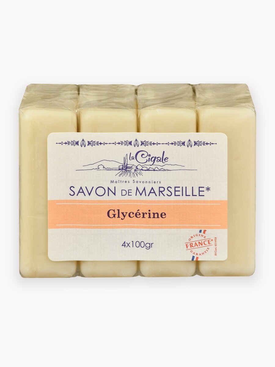 Мыло твердое Марсельское с глицерином 4 x 100 г, La Cigale (Франция)