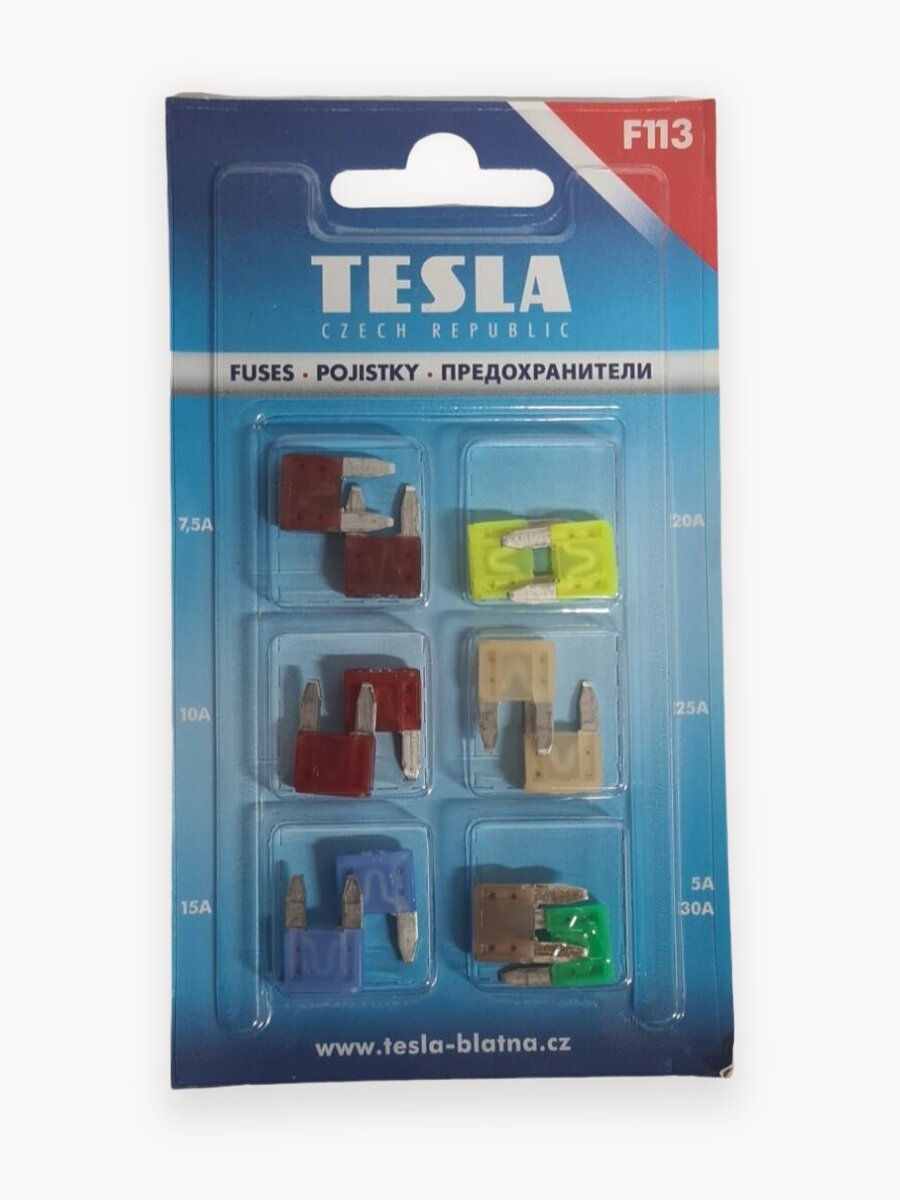 Предохранители штыревые MINI F113 набор (5А-1шт.7.5А-1шт.10А-1шт.15А-2шт.20А-2шт.25А-2шт.30А-2шт.) " TESLA"