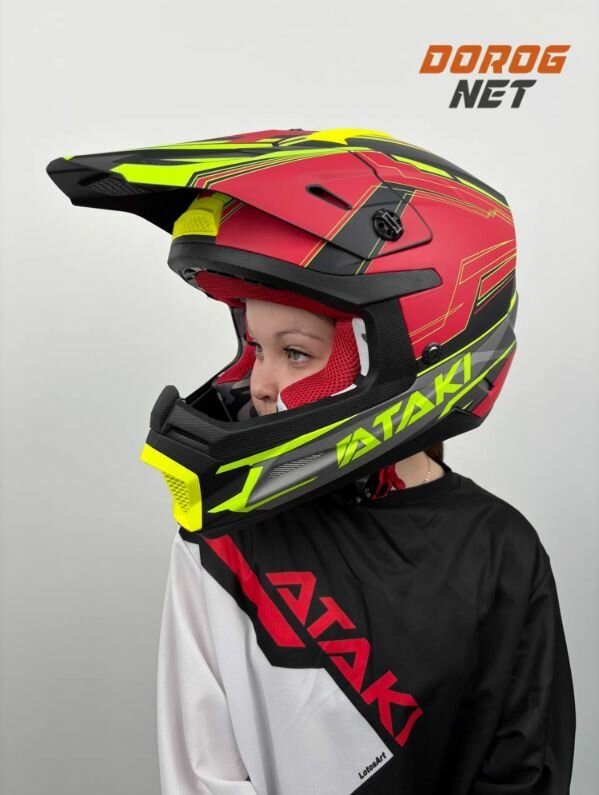 Шлем кроссовый детский ATAKI SC-18 BLAZE - красный, серый, Hi-Vis зелёный матовый размер YXL