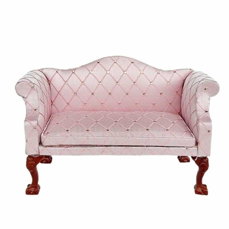 Сцена гостиной кукольного домика 1:12, ромбический диван, одноместный двухместный стул-Розовый двойной