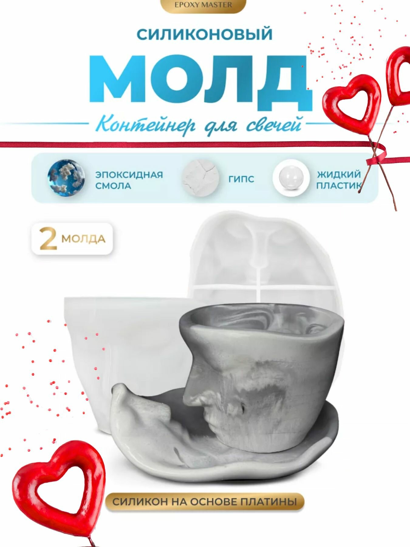 Силиконовый молд для эпоксидной смолы, гипса EPOXYMASTER Контейнер лицо с блюдцем, 10х8см