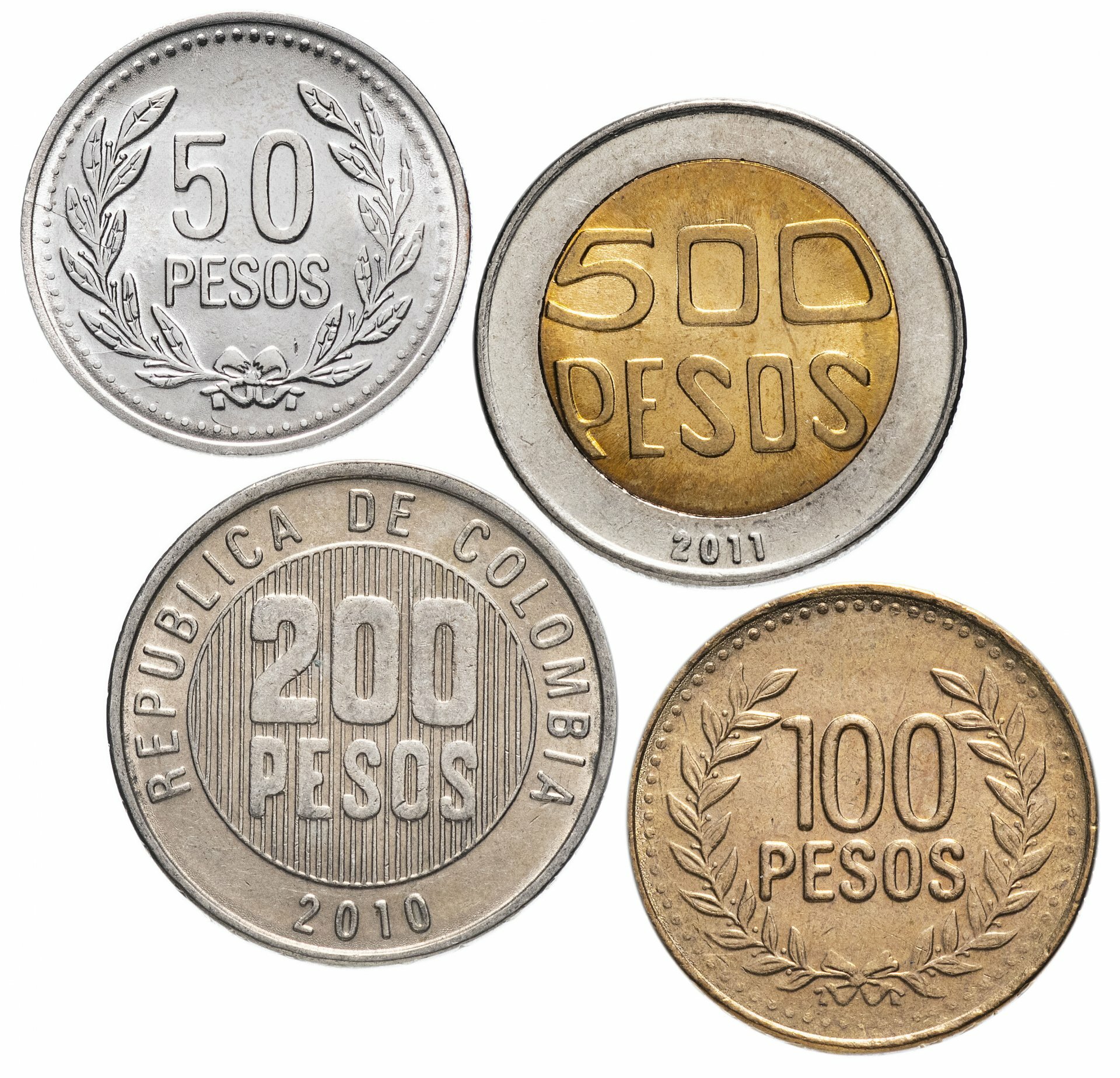 Колумбия набор монет 2004 - 2011 год 50, 100, 200 и 500 песо 4 штуки, Биметалл, в сохранности XF-UNC
