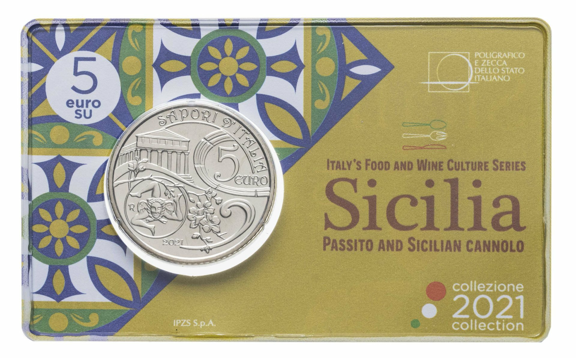 Италия 5 евро euro 2021 "Пассито и сицилийское канолло" в коинкарте, Мельхиор медь-никель, в сохранности UNC