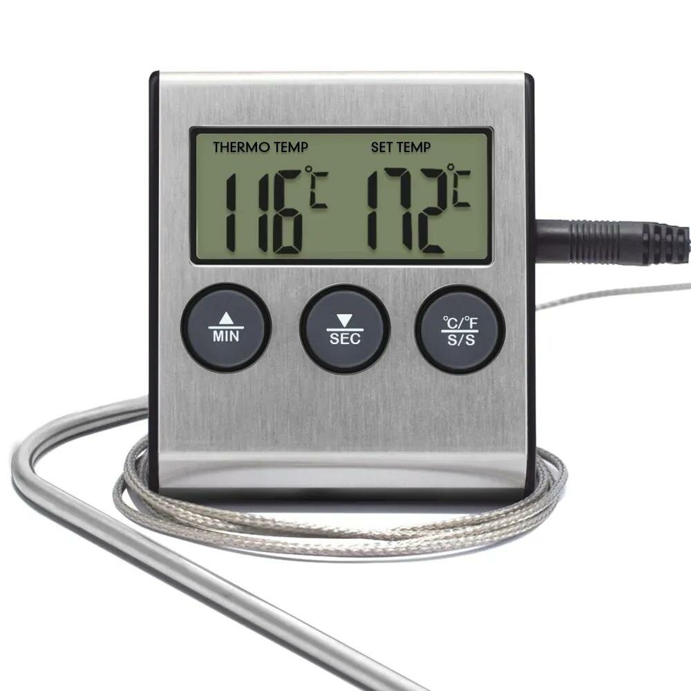 Кулинарный Термометр, Серебристый, Белый, Для Еды, Печь, Холодильник, Длинна Зонда 15 см, Максимальная Температура 250 °C, В комплект Входит 1 Шт, С Таймером, С Зондом, Питание AAA, Сталь, Китай, SKU 1929773653