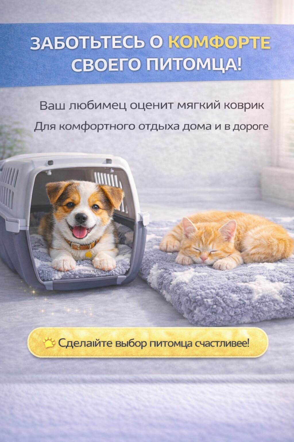 Коврик для собак и кошек 47*33 см мягкий лежак и подстилка для животных, в переноску и клетку