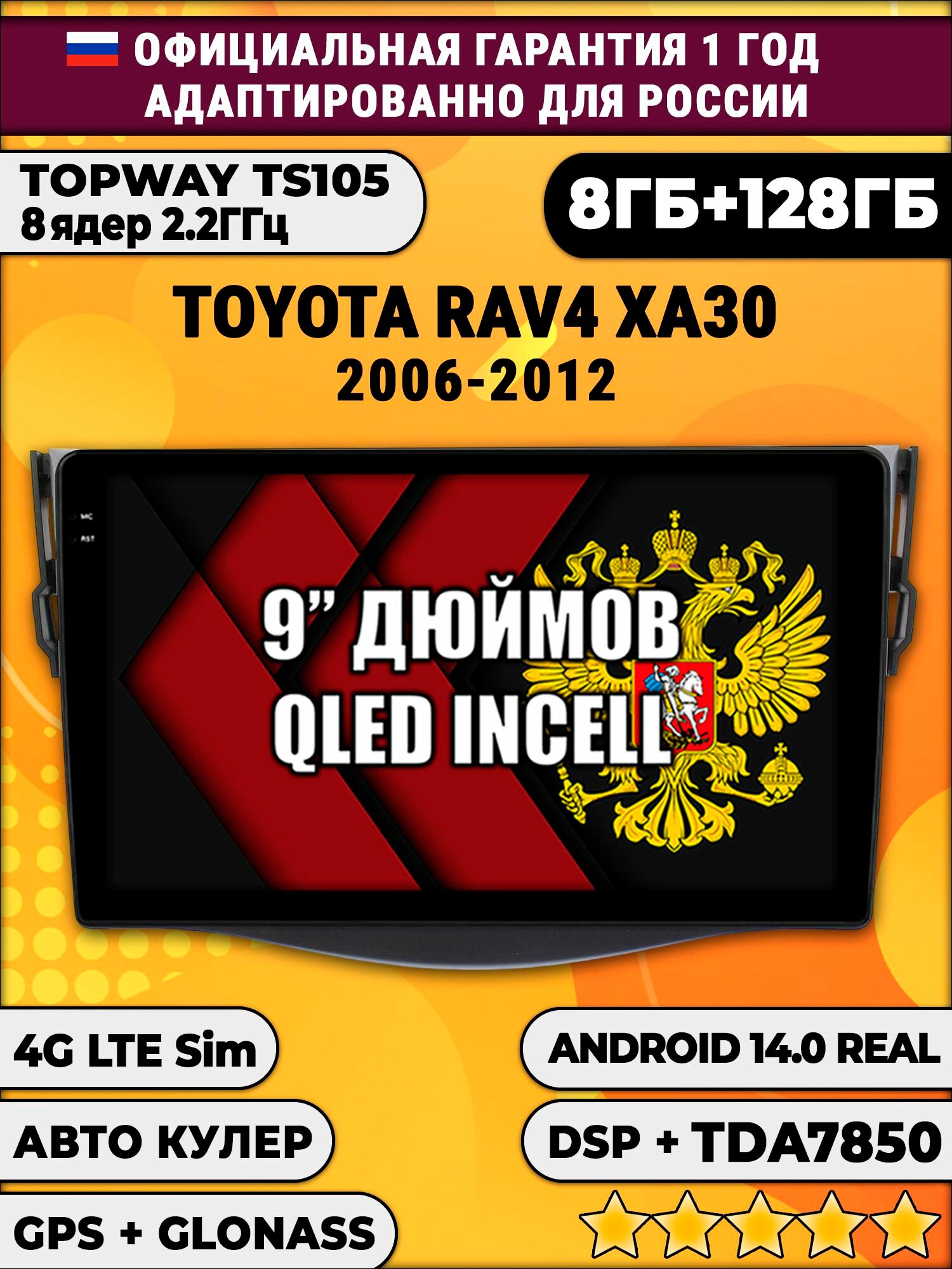 TS105, память 8/128гб для TOYOTA RAV4 XA30 (2006 2007 2008 2009 2010 2011 2012) RAV 4, Android магнитола
