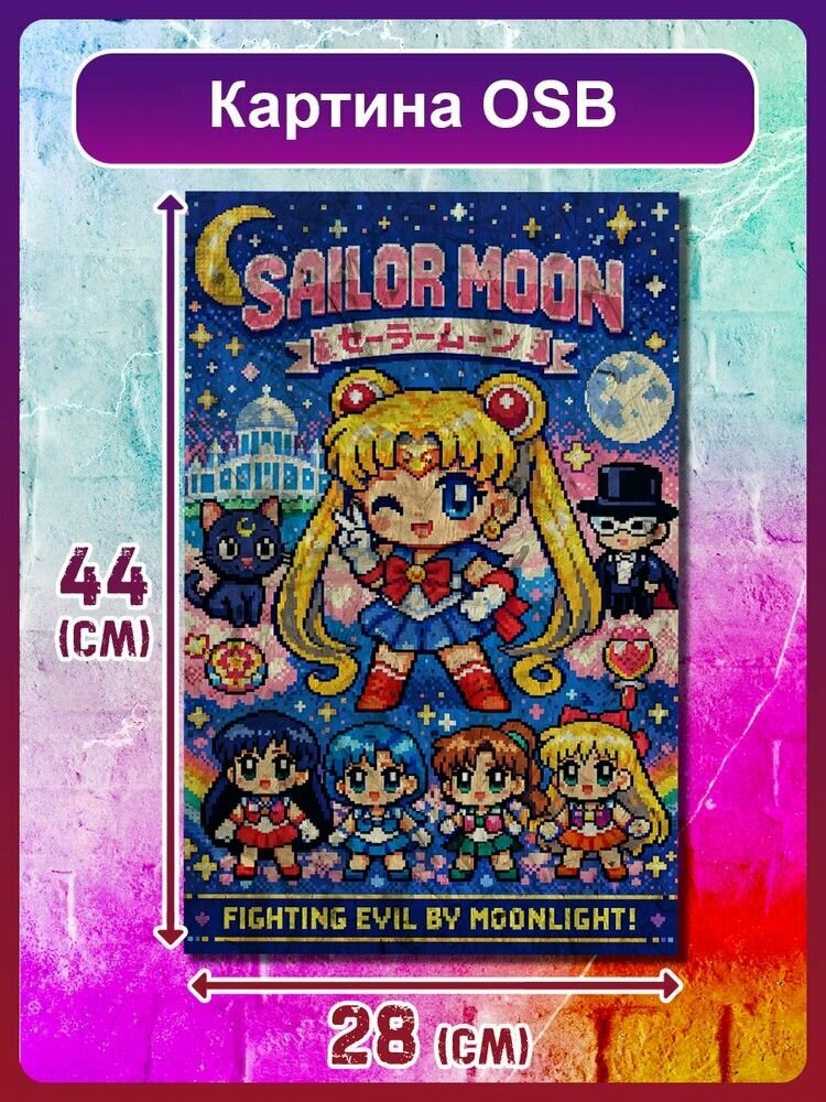 Картина интерьерная на рельефной доске ОСП аниме Sailor Moon (Сейлор Мун, чиби, кавай, ретро, пиксель арт, 16 bit) - 52512210