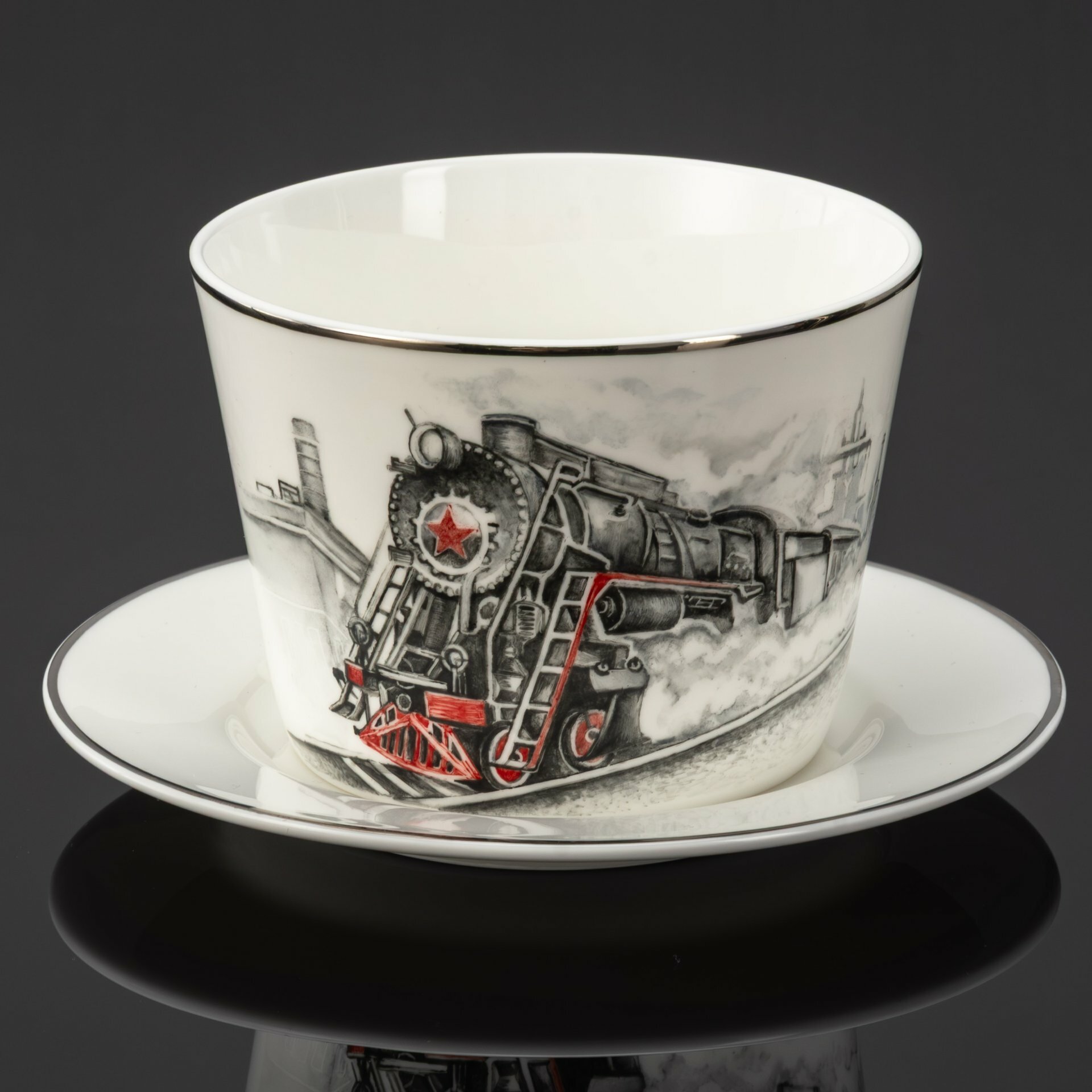 Чайная пара "Железная дорога", фарфор, роспись, серебрение