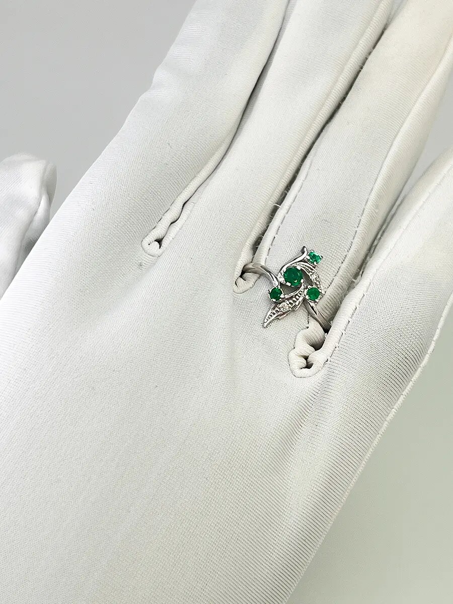 Кольцо, белое золото, 375 проба, родирование, изумруд, бриллиант