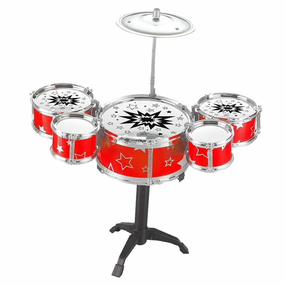 Детская ударная установка имитационная для мальчиков, развивающая музыкальная игрушка с тарелкой и палочками, красный цвет.