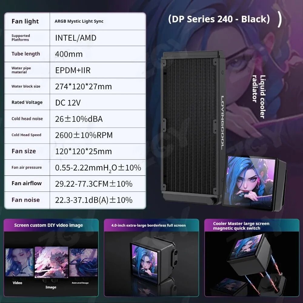 LOVINGCOOL DP-01 Жидкостный Кулер Для Процессора 240 мм: 4,0-Дюймовый Безрамочный, Полнопокрывающий DIY(Безвентиляторный)