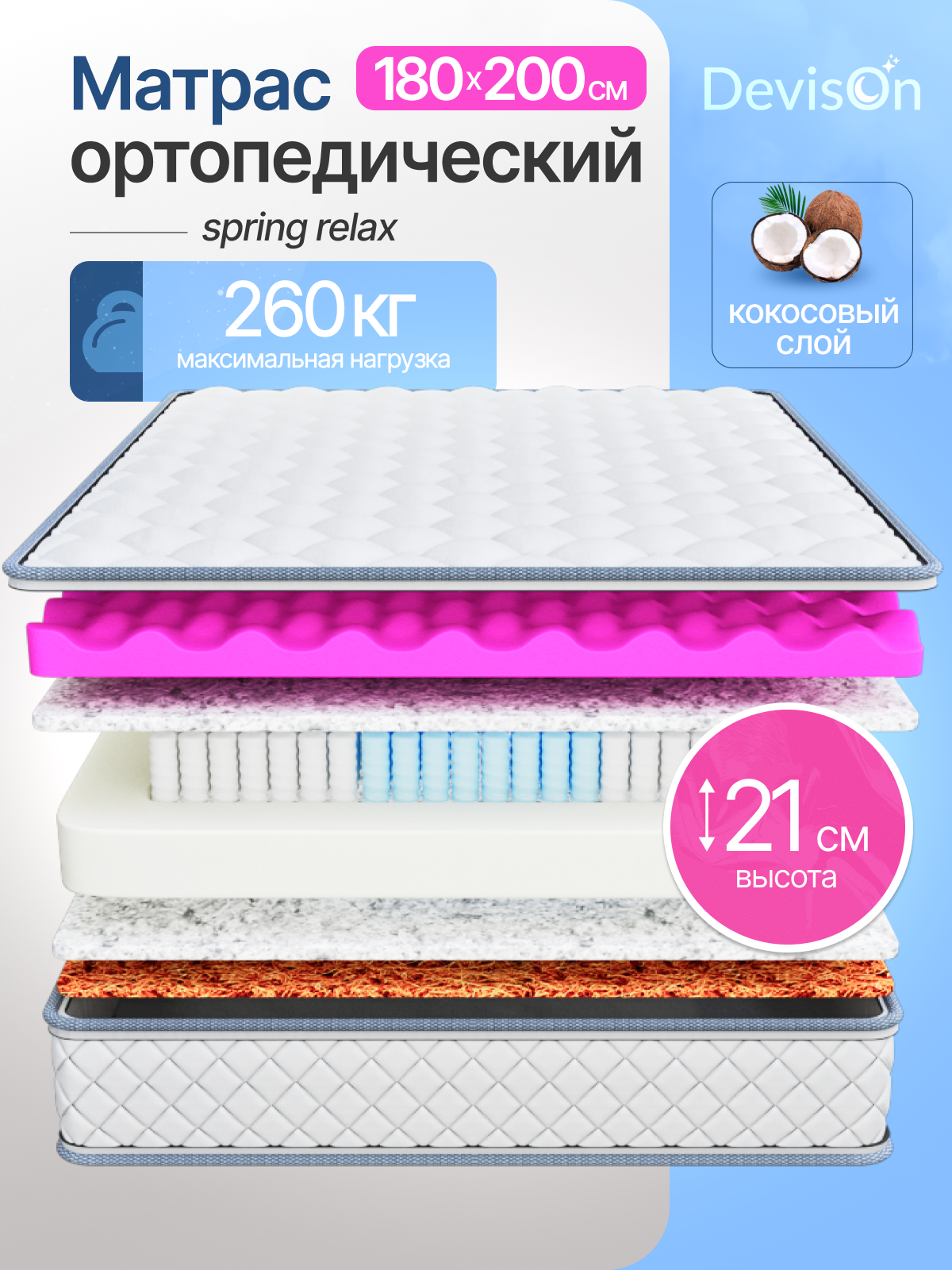 Матрас 180х200 ортопедический пружинный для двуспальной кровати Devison Spring Relax высота 21 см