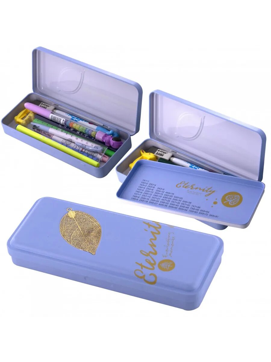 Пенал школьный, футляр, материал металл, цвет голубой, 21x9.5x3 см