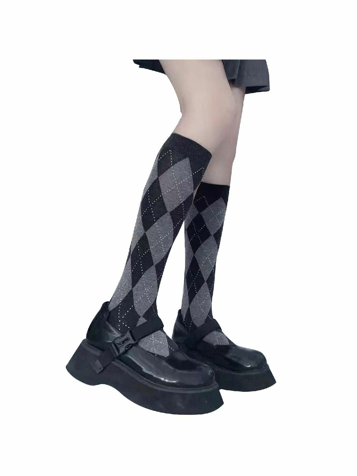 Колготки-носки до колена в клетку, Черно - серый ромб