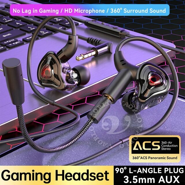 Игровая гарнитура с разъемами 3,5 мм/Type-C/USB, объемный звук 360°, проводные стереонаушники HiFi, двойные внутриканальные микрофоны, гарнитура для игры в PUBG.
