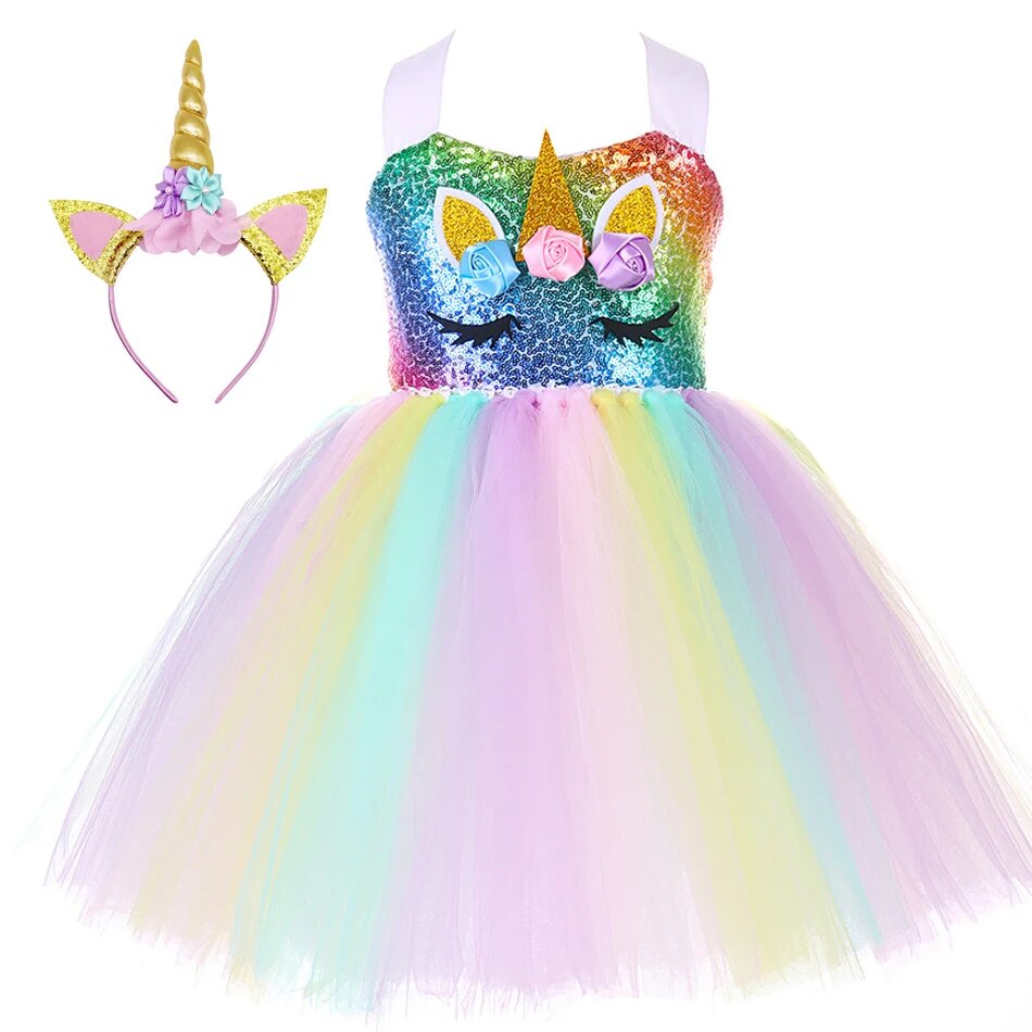 Платье принцессы с единорогом для девочек, блестящая детская мультяшная одежда со светодиодными светящимися крыльями, повязка на голову, костюм для сцены, Хэллоуина