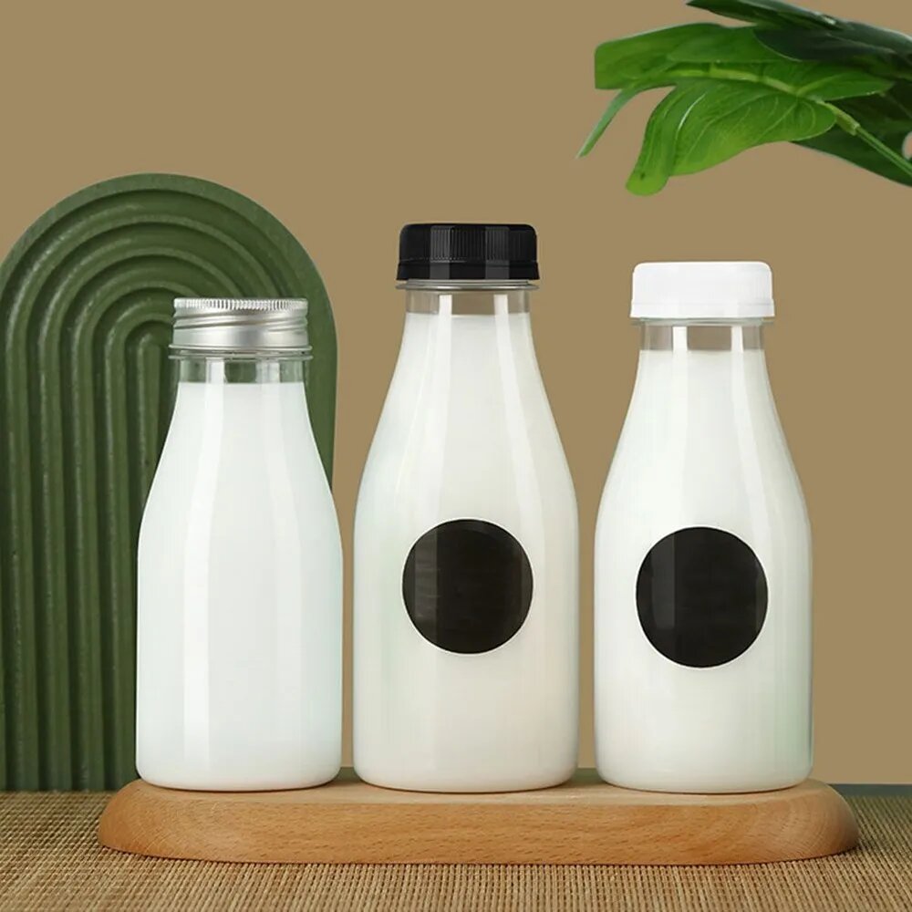 Комплект из 10 прозрачных бутылок из пластика с алюминиевыми крышками 200 мл для хранения молочных и соковых напитков