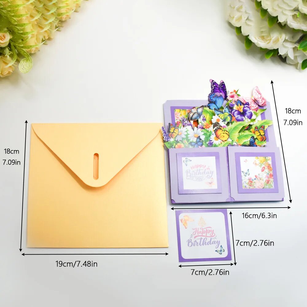 3D открытка с букетом цветов и бабочками