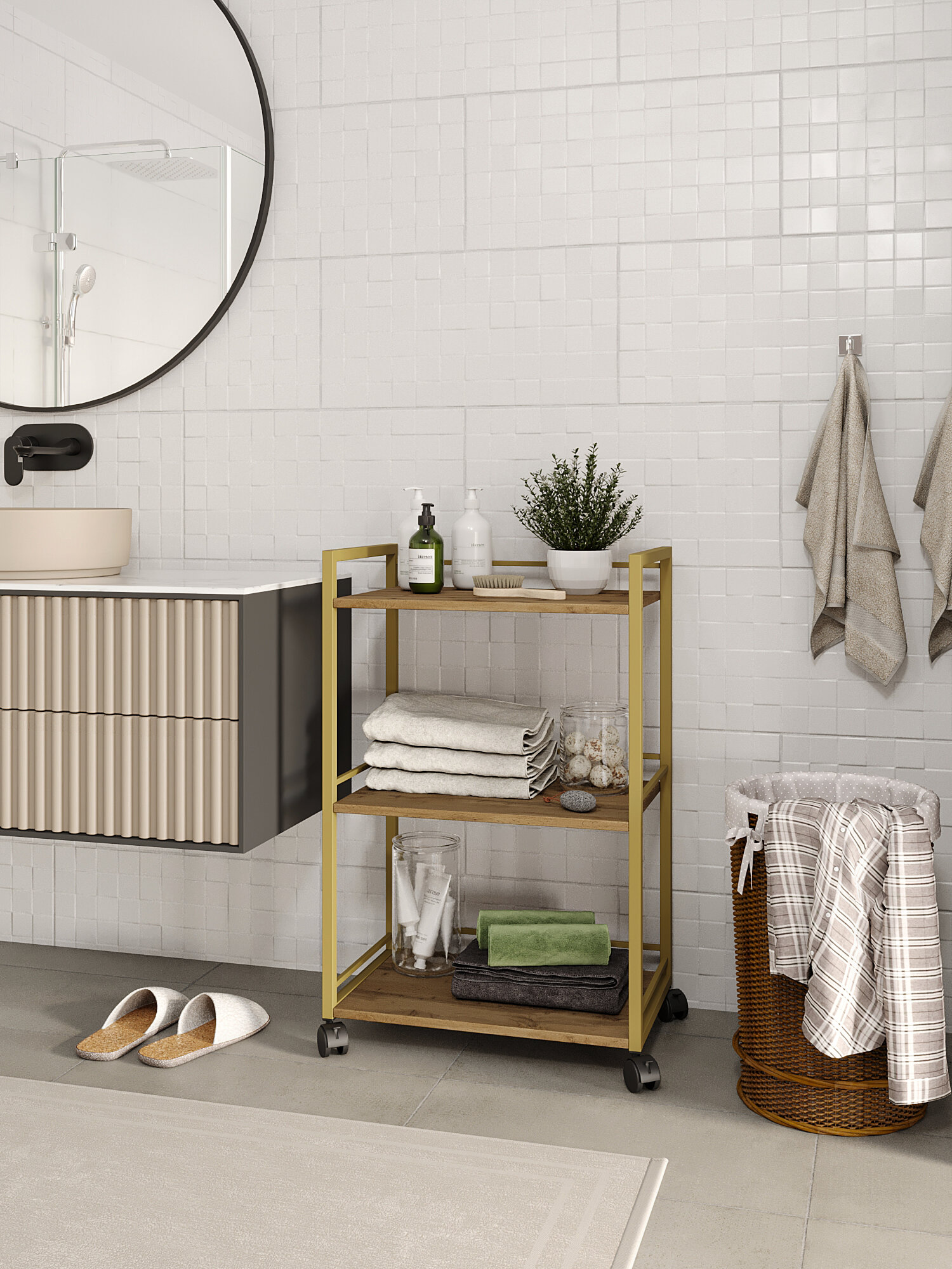 Этажерка косметологическая для мастера подкатная на колесиках золото/вотан