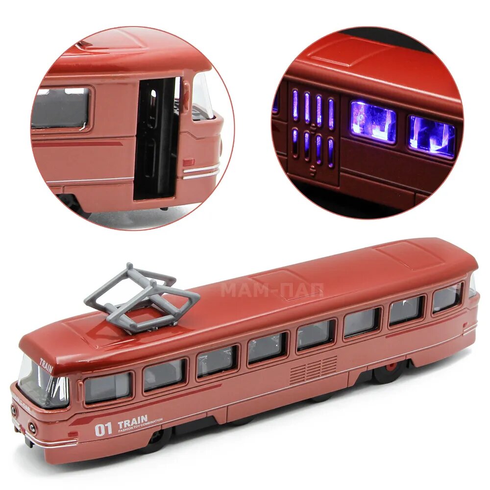 Масштабная модель пассажирского вагона 1/90. Красный цвет с подсветкой. Длина 18.5 см