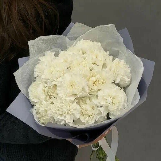 Букет "Нежность" из свежесрезанных гвоздик и нежной белой гипсофилы