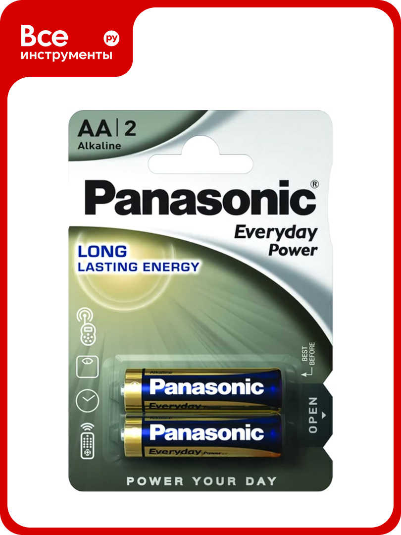 Щелочная батарейка LR6 AA Everyday Power 1.5В бл/2 Panasonic, алкалиновый элемент для бытовой техники